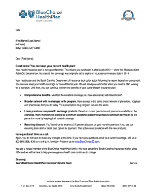 Fillable Online Great News! You can keep your current health plan ...