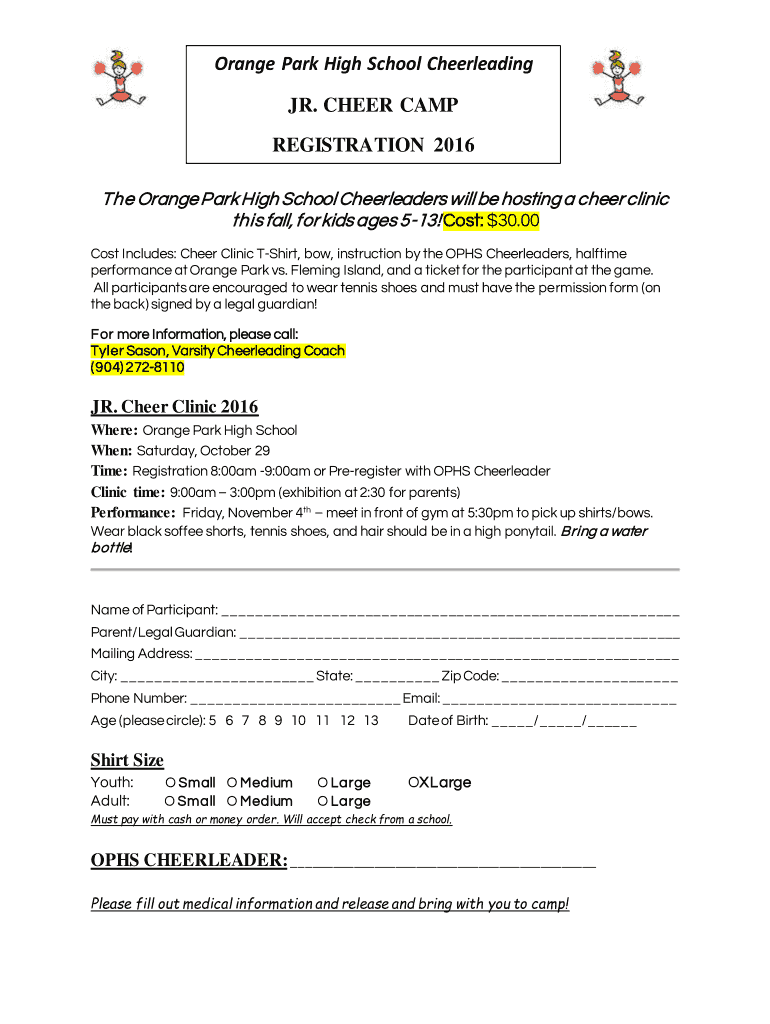 Fillable Online Orange Park High School Cheerleading JR. CHEER CAMP ...