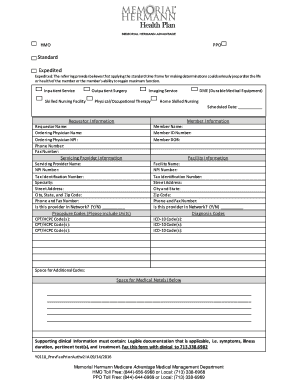 Fillable Online Standard Expedited - Memorial Hermann Health Plan Fax ...
