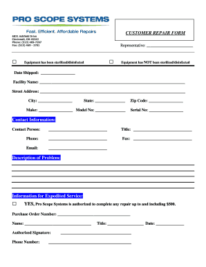 Fillable Online CUSTOMER REPAIR FORM - Pro Scope Systems Fax Email Print - pdfFiller