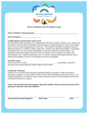 Fillable Online Waiver and Release Form for Summer Camp Fax Email Print ...