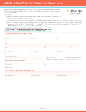 Fillable Online ZINBRYTA REMS Program Prescriber Enrollment Form Fax ...