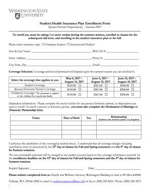 Fillable Online studentinsurance wsu Summer Enrollment Form - WSU student insurance Fax Email ...
