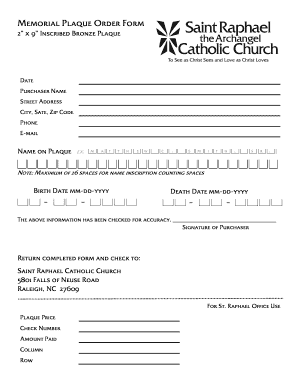 Fillable Online Memorial Plaque Order Form - St. Raphael the Archangel ...