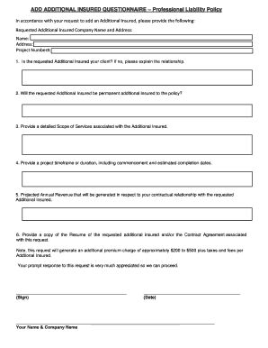 Fillable Online Additional Insured Questionnaire - Professional ...