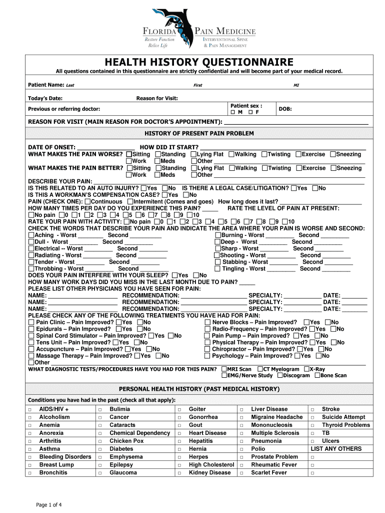 Fillable Online HEALTH HISTORY QUESTIONNAIRE - Florida Pain Medicine ...