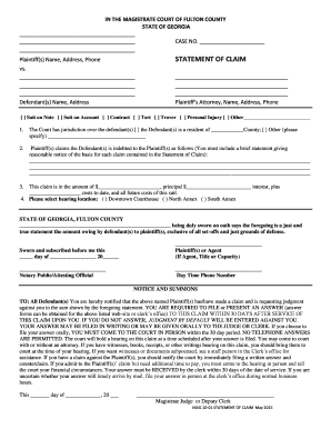 Fillable Online statement of claim - Fulton County Magistrate Court Fax Email Print - pdfFiller