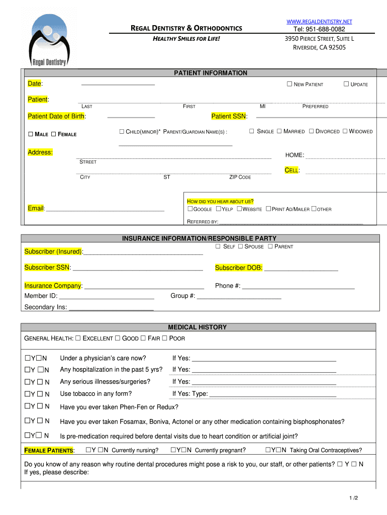 Fillable Online Template - Forms - Patient Medical History Update ...