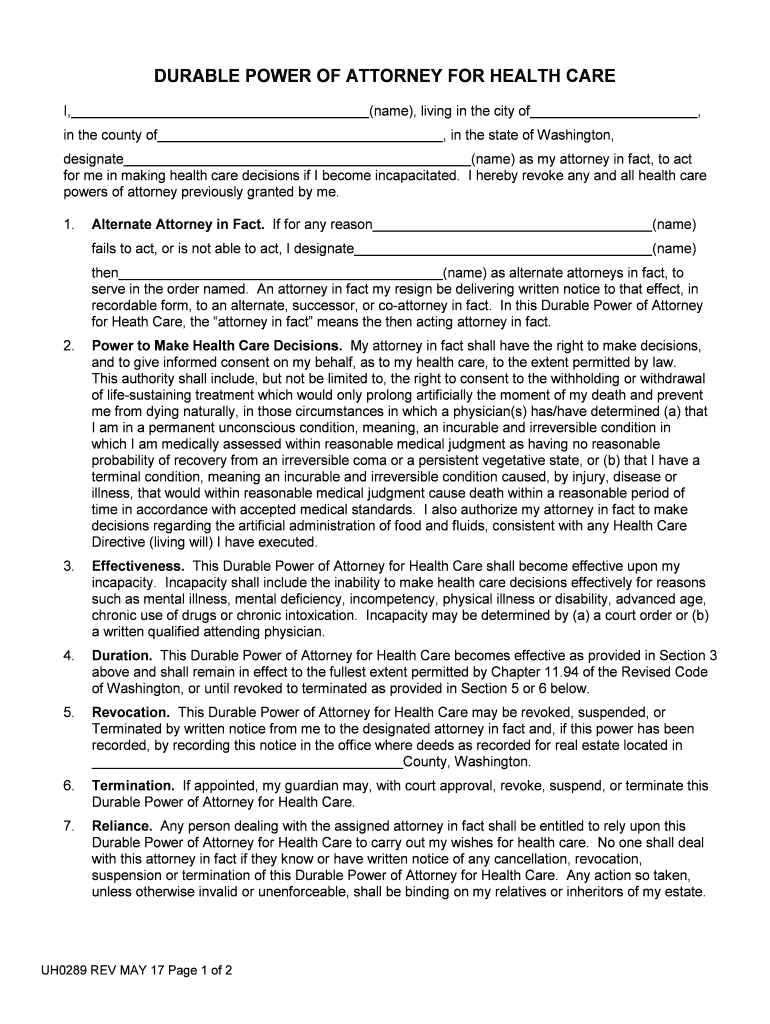 Fillable Online durable power of attorney for health care - UW Medicine ...