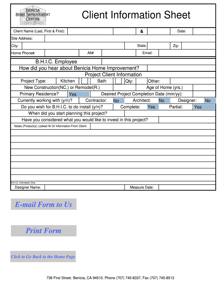 Fillable Online Client Information Sheet - Benicia Home Improvement Center Fax Email Print ...