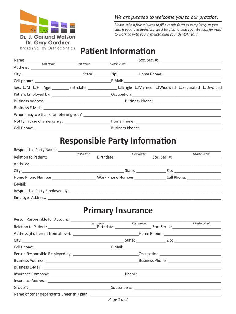 Fillable Online Patient Information Responsible Party Information ...