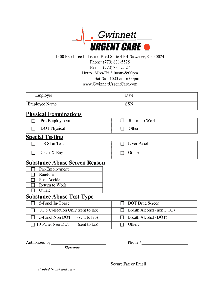 Fillable Online DOT Physical and Drug Screen Form - Gwinnett Urgent ...