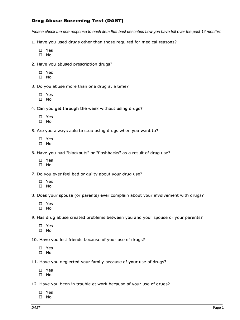 Fillable Online Drug Abuse Screening Test (DAST) Fax Email Print ...
