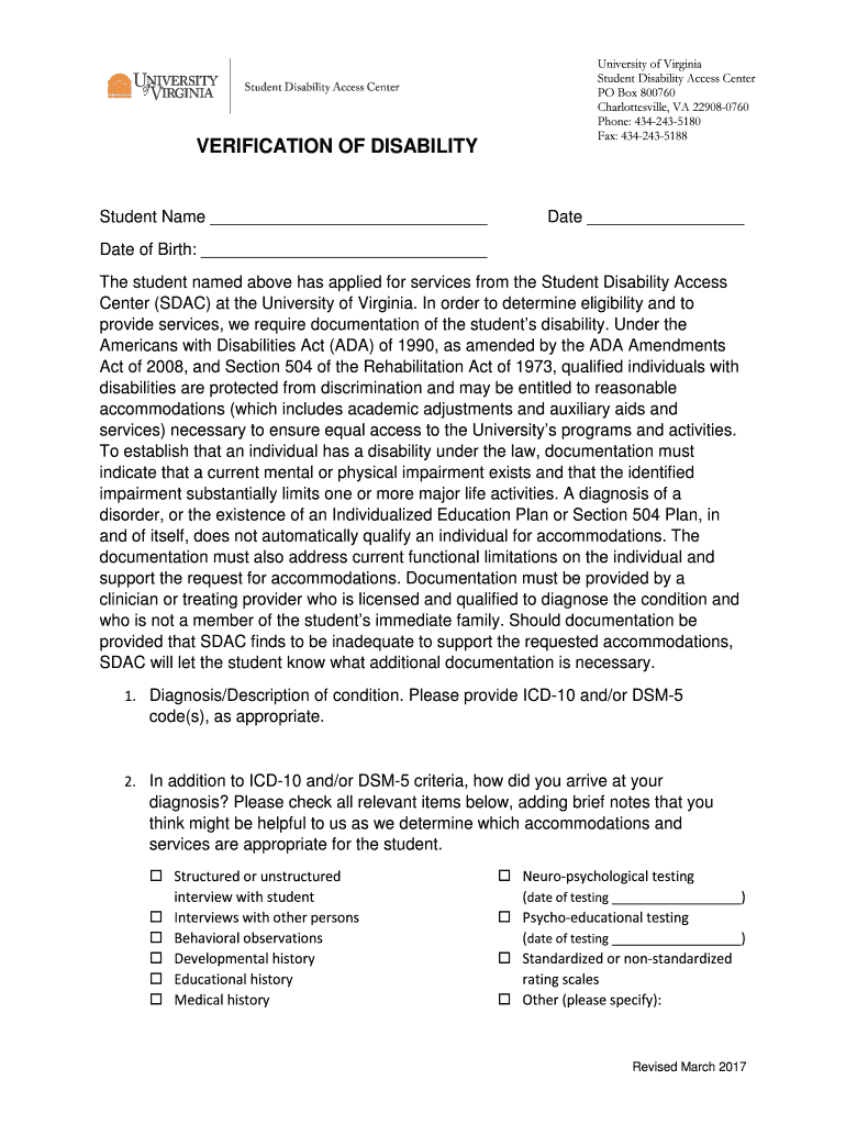 Fillable Online SDAC Verification of Disability Form - Student ...