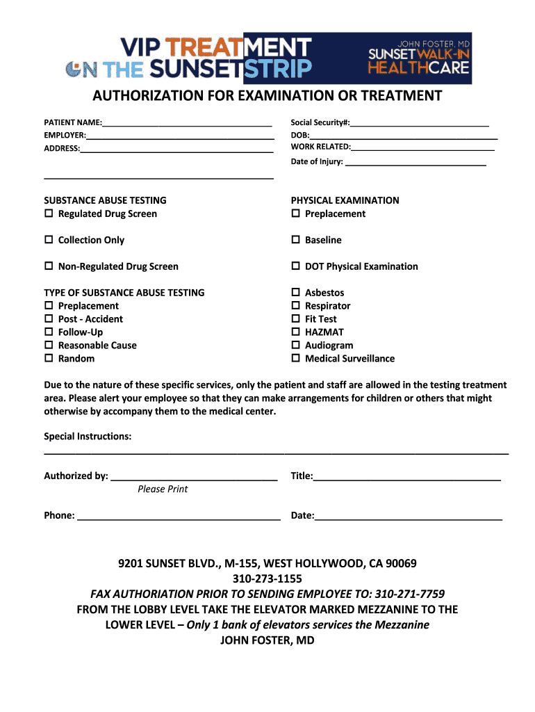Fillable Online authorization for examination or treatment - Sunset ...