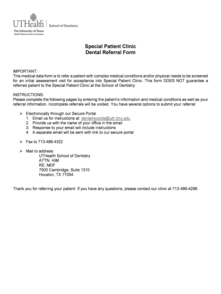 Fillable Online Special Patient Clinic Dental Referral Form - UTHealth ...