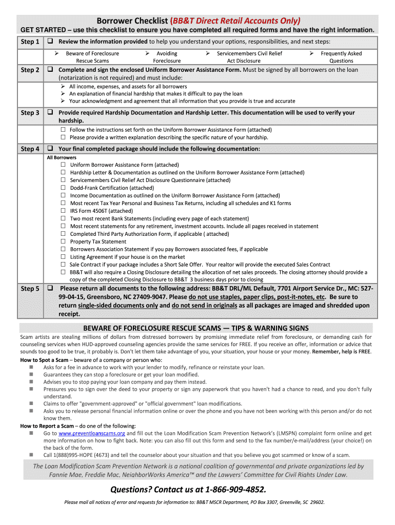 Fillable Online Borrower Checklist (BB&T Direct Retail Accounts Only ...