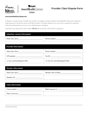 Fillable Online Provider Claim Dispute Form - Providers - AmeriHealth ...