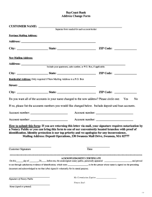 Fillable Online BayCoast Bank Address Change Form CUSTOMER NAME ...