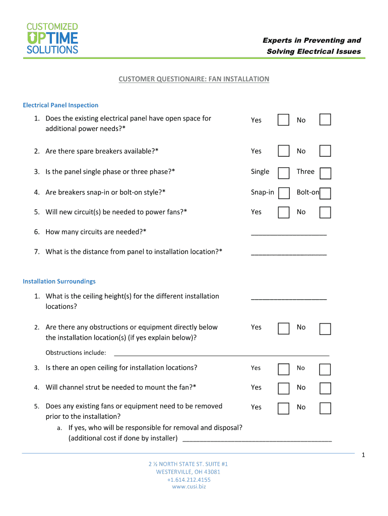 Fillable Online CUSTOMER)QUESTIONAIRE:)FAN)INSTALLATION) Yes! No! Yes ...