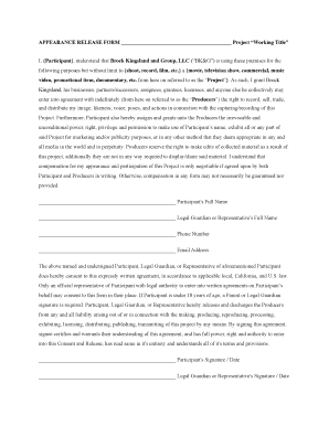 Fillable Online APPEARANCE RELEASE FORM Project Working Title Fax Email ...