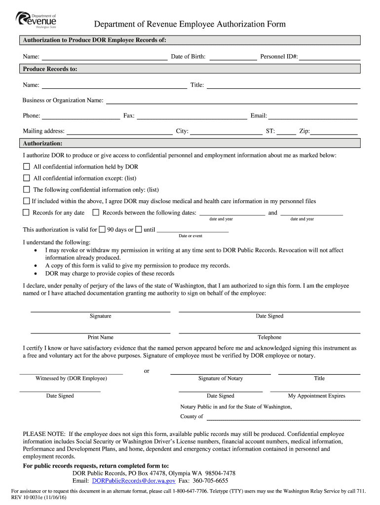 Fillable Online Department of Revenue Employee Authorization Form ...