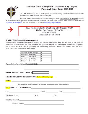 Fillable Online Patron Ad Form - Oklahoma City Chapter - American Guild ...