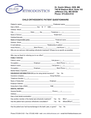 Fillable Online Wilson CHILD ORTHODONTIC PATIENT QUESTIONNAIRE.docx Fax ...