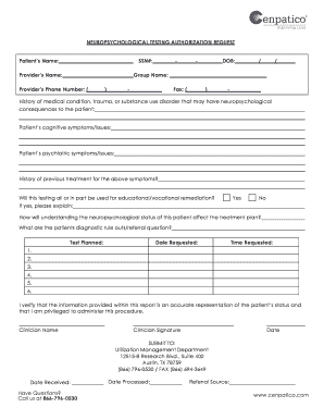 Fillable Online NEUROPSYCHOLOGICAL TESTING AUTHORIZATION ...