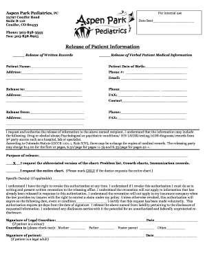 Fillable Online Release of Records Form - Aspen Park Pediatrics Fax ...