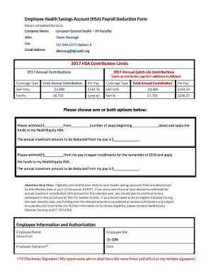 Fillable Online 2017 Employee HSA Payroll Deduction Form - Lancaster ...