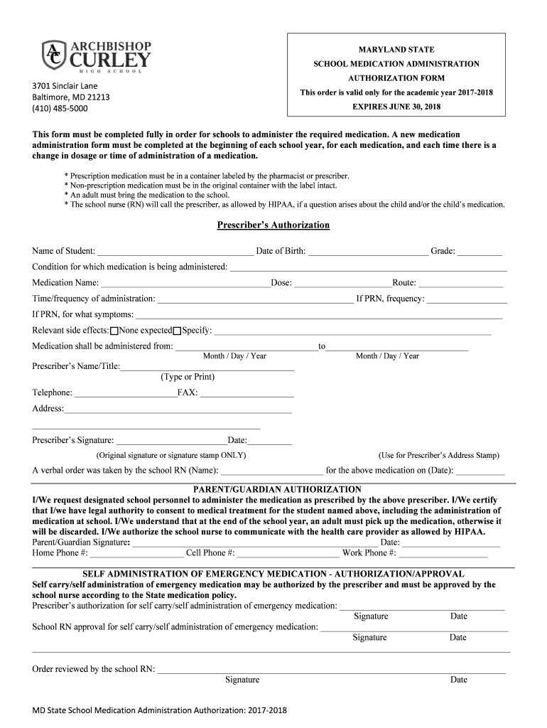 Fillable Online Prescriber's Authorization - Archbishop Curley High School Fax Email Print ...