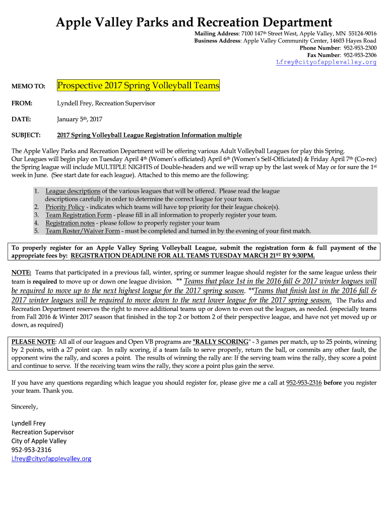 Fillable Online Apple Valley Parks and Recreation Department - City of ...