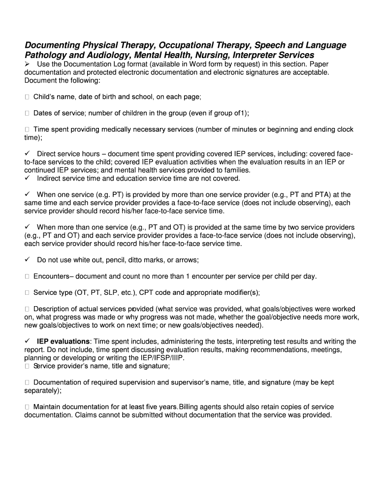 Fillable Online Documenting Physical Therapy, Occupational Therapy ...