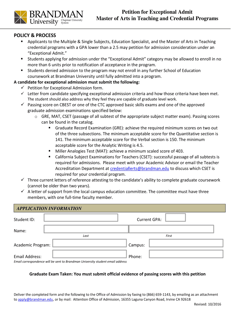 Fillable Online Petition for Exceptional Admit Fax Email Print - pdfFiller