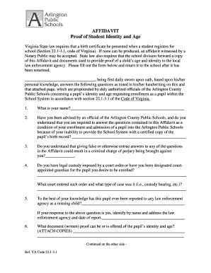 Fillable Online AFFIDAVIT Proof of Student Identity and Age - Arlington ...