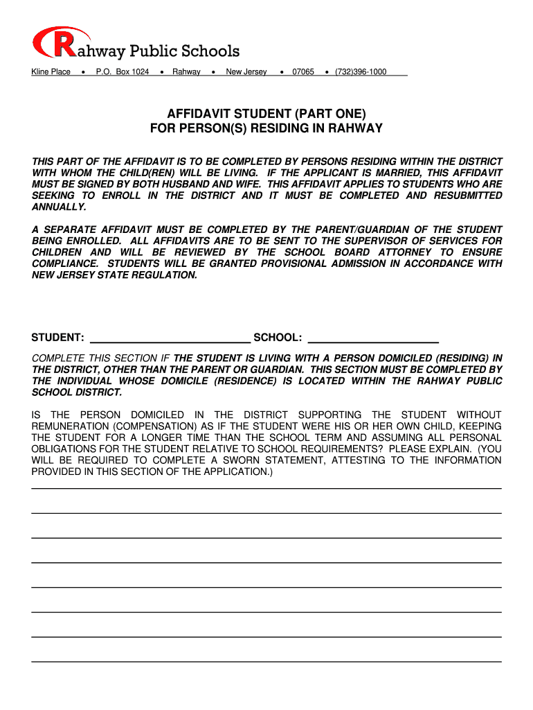 Fillable Online SECTION B - ( AFFIDAVIT STUDENT): - Rahway Public ...