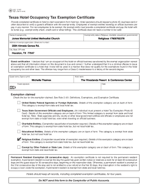 Fillable Online Texas Hotel Occupancy Tax Exemption Certi cate Fax ...