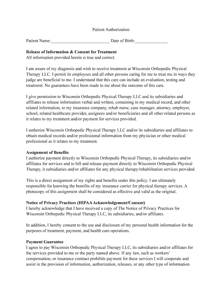 Fillable Online Patient Authorization Form - Wisconsin Orthopedic Physical Therapy Fax Email ...