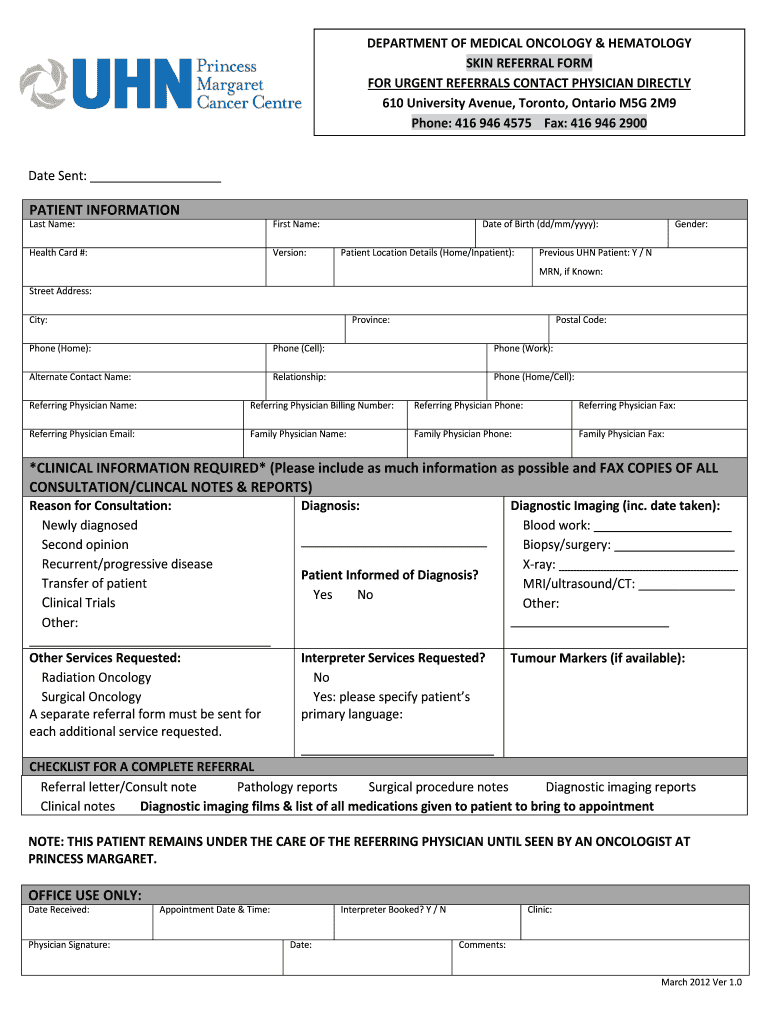 Fillable Online Department of Medical Oncology & Hematology Referral Form (PDF) Fax Email Print ...