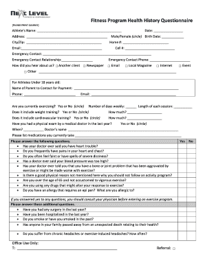 Fillable Online Fitness Program Health History Questionnaire Fax Email ...