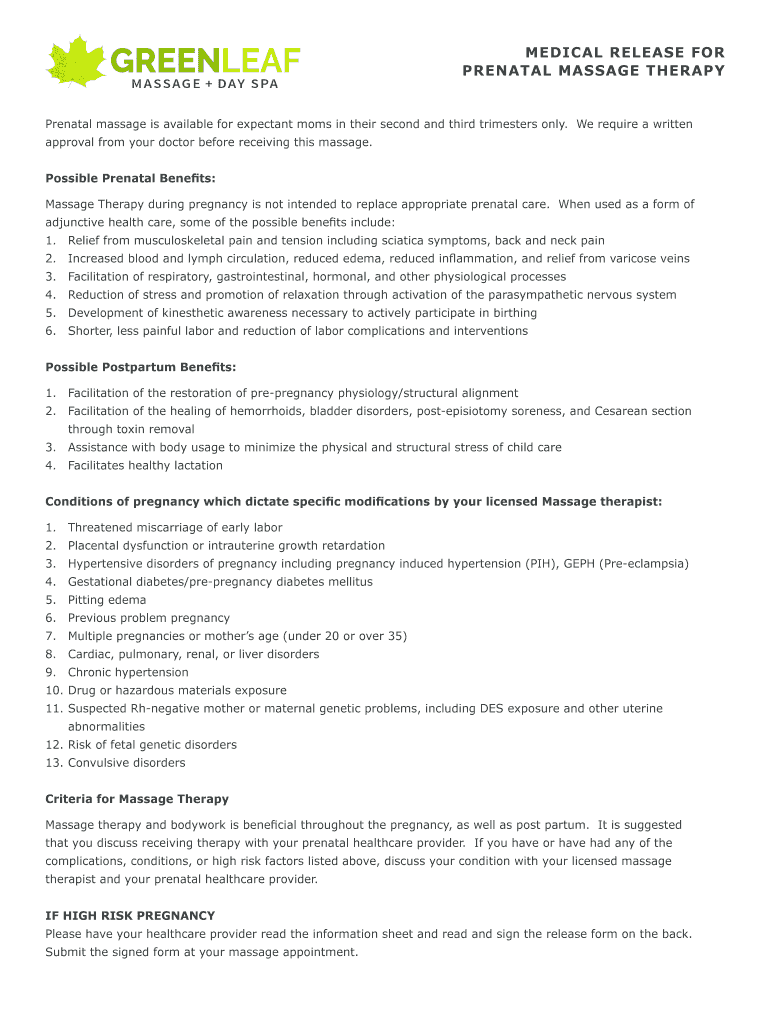 Fillable Online PRENATAL MASSAGE THERAPY Fax Email Print - pdfFiller