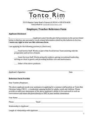 Fillable Online Employer/Teacher Reference Form - Tonto Rim Christian Camp Fax Email Print ...