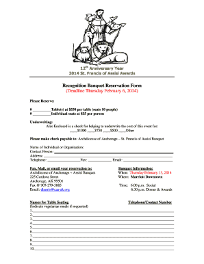 Fillable Online Recognition Banquet Reservation Form - Archdiocese of ...