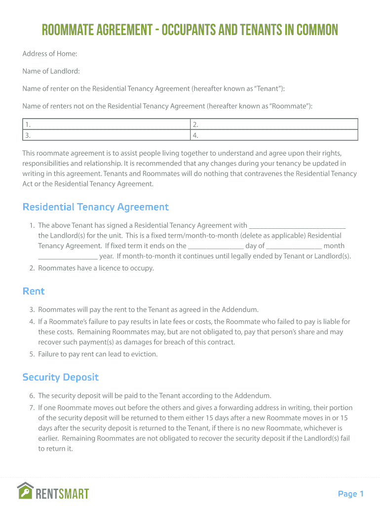 Fillable Online ROOMMATE AGREEMENT - OCCUPANTS AND TENANTS IN COMMON ...