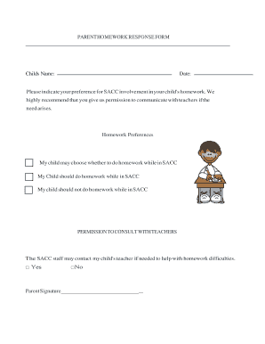 Fillable Online PARE NT H OMEWORK RESPONSE FORM Childs Name: Date ...