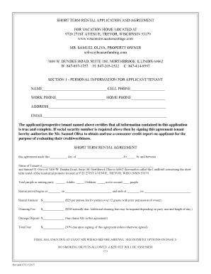 Fillable Online SHORT TERM RENTAL APPLICATION AND AGREEMENT FOR ... Fax ...