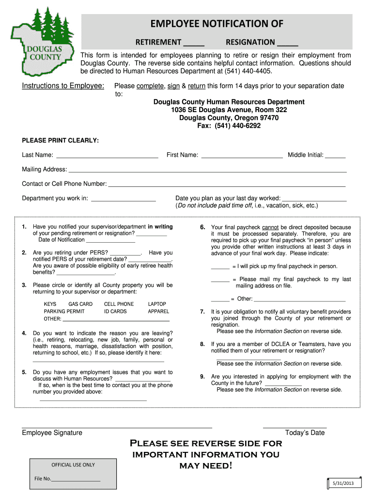 Fillable Online Employee Notification of Retirement 053113.pdf - Douglas County Fax Email Print ...