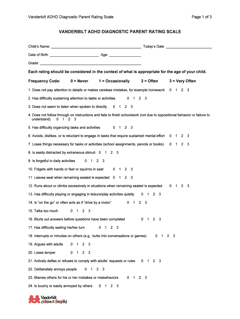 Fillable Online Vanderbilt ADHD Parent Rating Scale.doc Fax Email Print ...