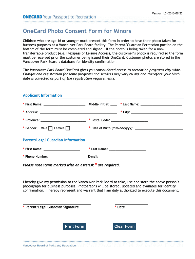 Fillable Online OneCard Photo Consent Form for Minors Fax Email Print ...